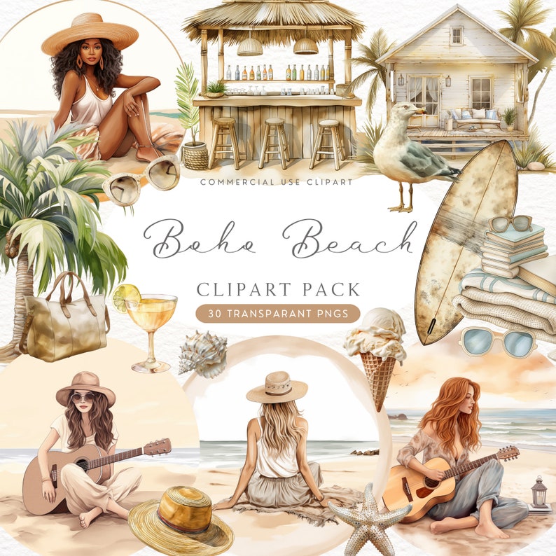 Boho Summer Beach Clipart PNG Watercolor, Boho Beach Holiday, Nautical ...