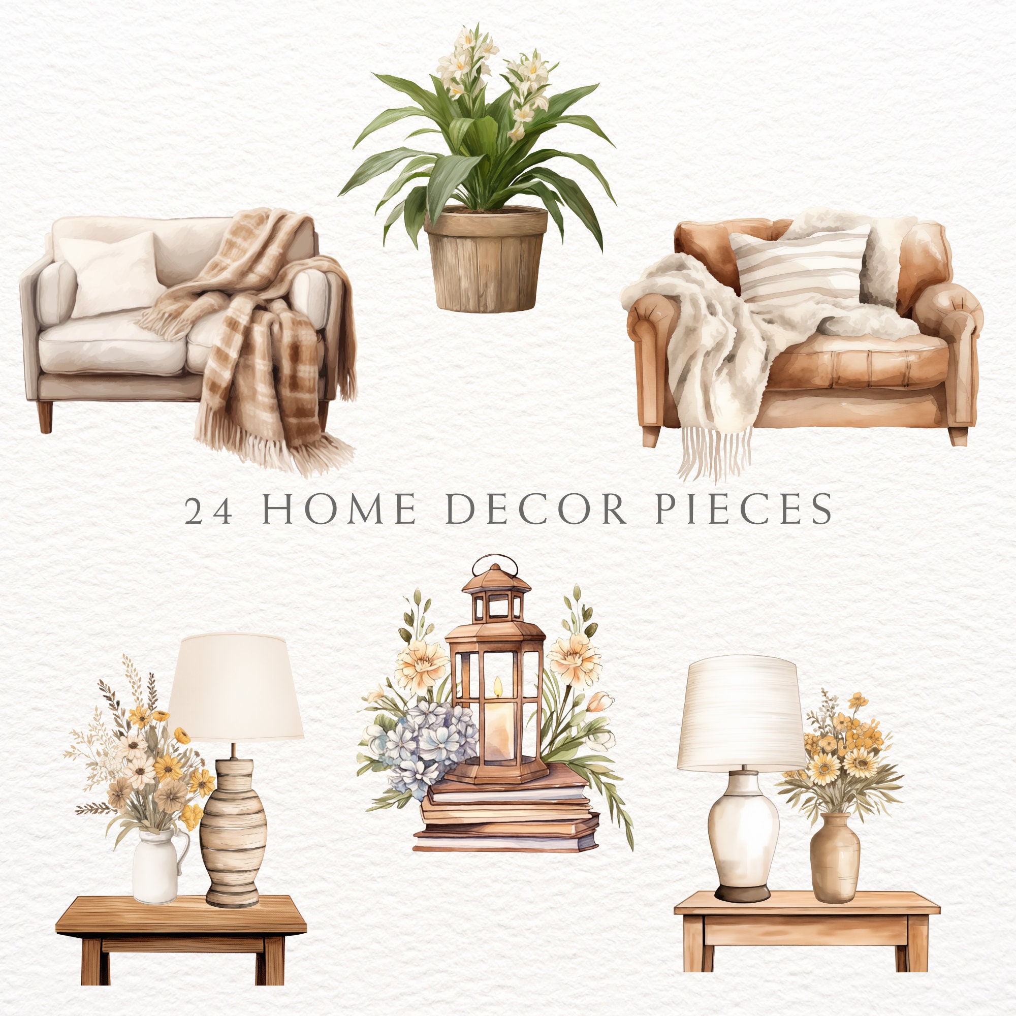 Neutral Home Decor Clipart Watercolor PNG, Beige Interior Cozy Home ...