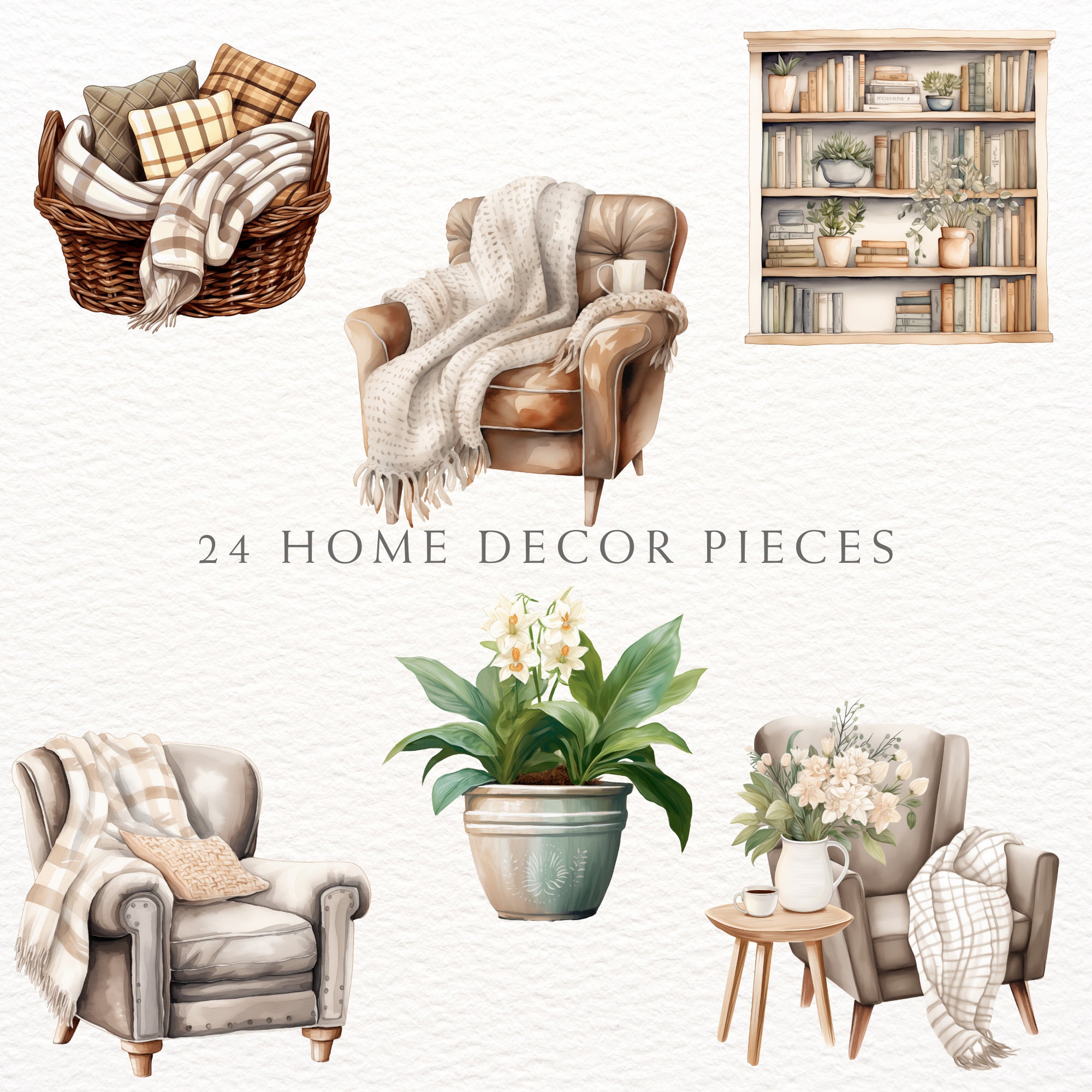 Neutral Home Decor Clipart Watercolor PNG, Beige Interior Cozy Home ...