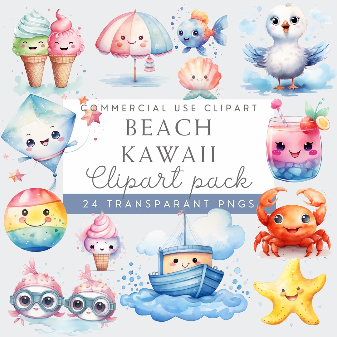 Watercolor Beach Clipart, Cute Kawaii Clipart, Summer on the Beach ...