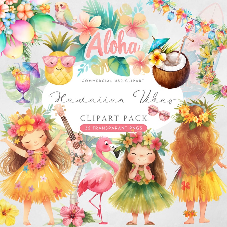 Cute Hawaii Hula Girl Clipart Watercolor PNG, Aloha Tropical Flowers ...