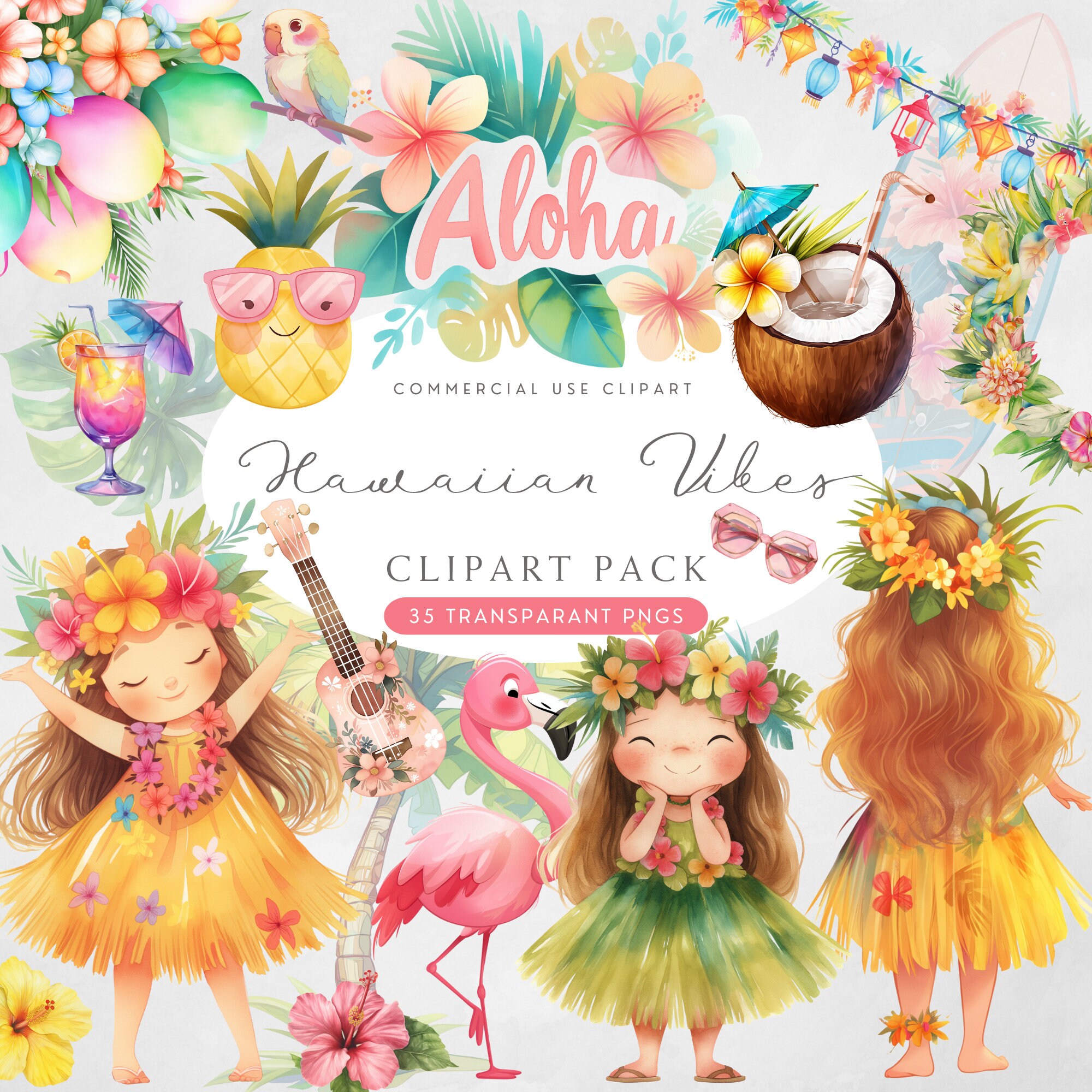 Cute Hawaii Hula Girl Clipart Watercolor PNG, Aloha Tropical Flowers ...