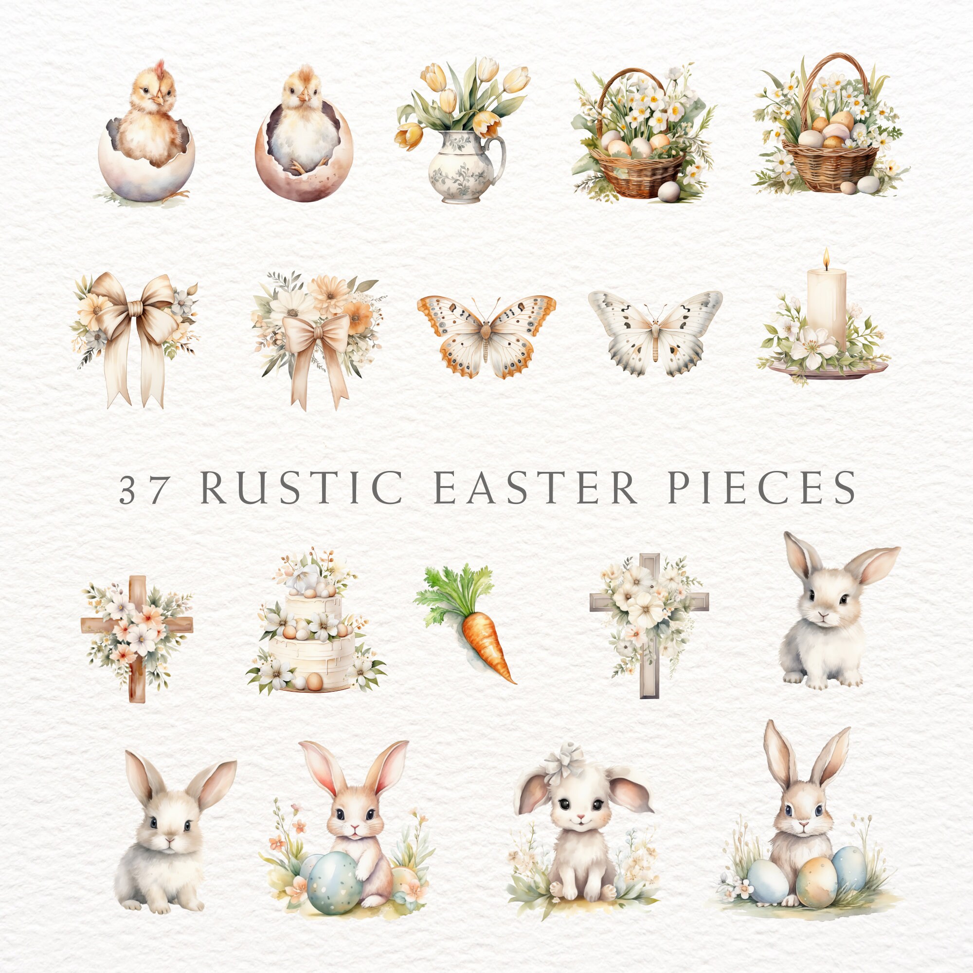Easter Clipart Bundle PNG Watercolor, Rustic Neutral Easter Bunny Egg ...