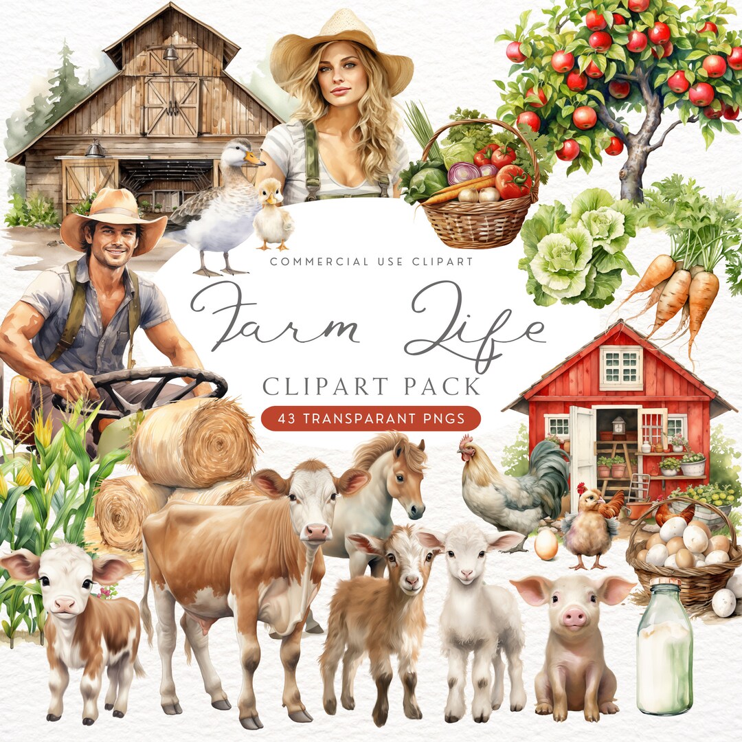 Farmhouse Barn Animals Clipart Watercolor, Baby Farm Animals, Horse Cow ...