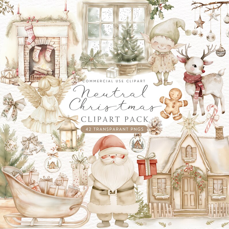 Neutral Christmas Clipart Watercolor PNG Bundle, Boho Christmas Wreath ...