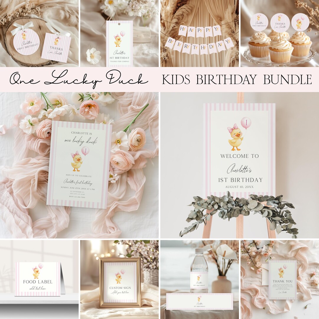 One Lucky Duck Girl Birthday Bundle, Editable Duck Girl First Birthday ...