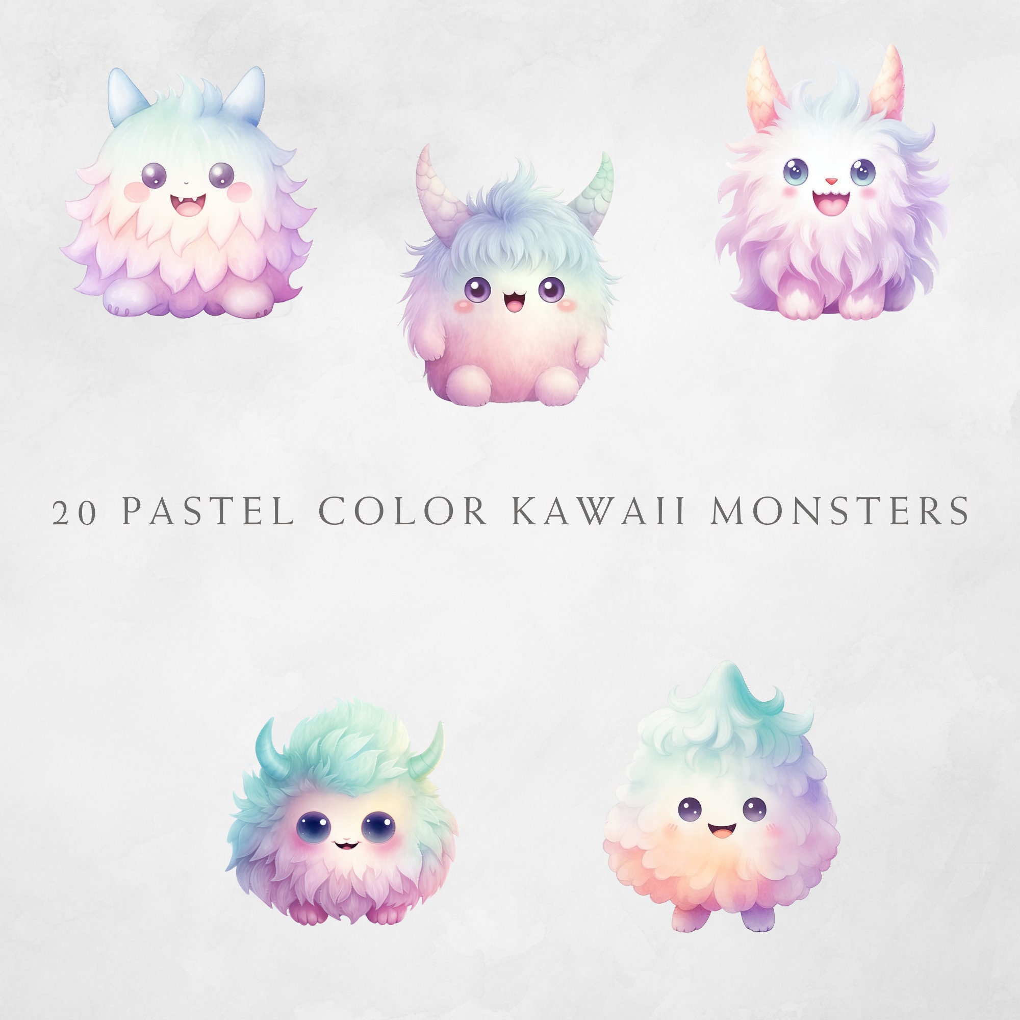 Watercolor Cute Pastel Monsters Kawaii Clipart, Cute Kawaii Clipart ...
