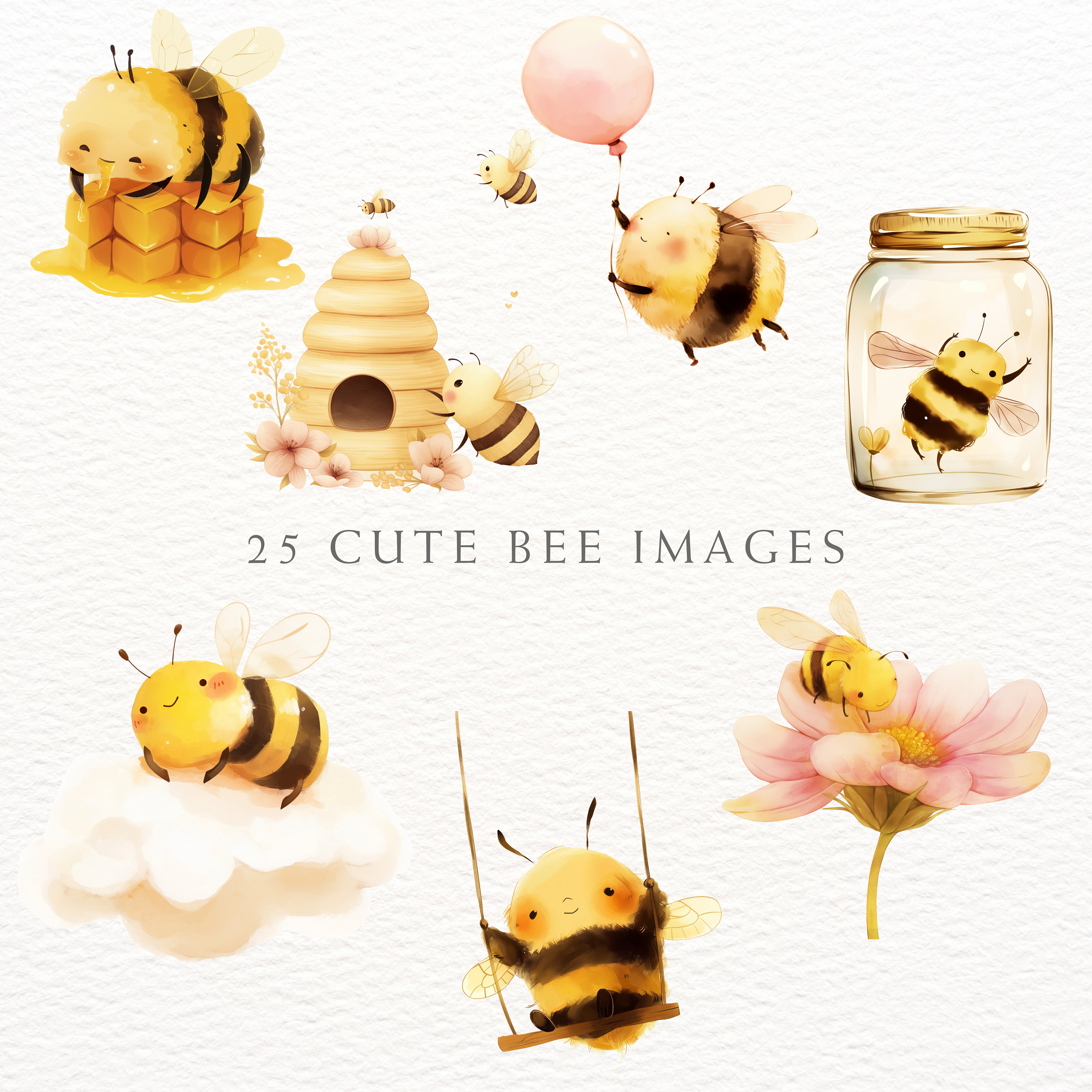 Cute Bee Clipart Watercolor PNG Bundle, Cute Baby Honey Bee Graphics ...
