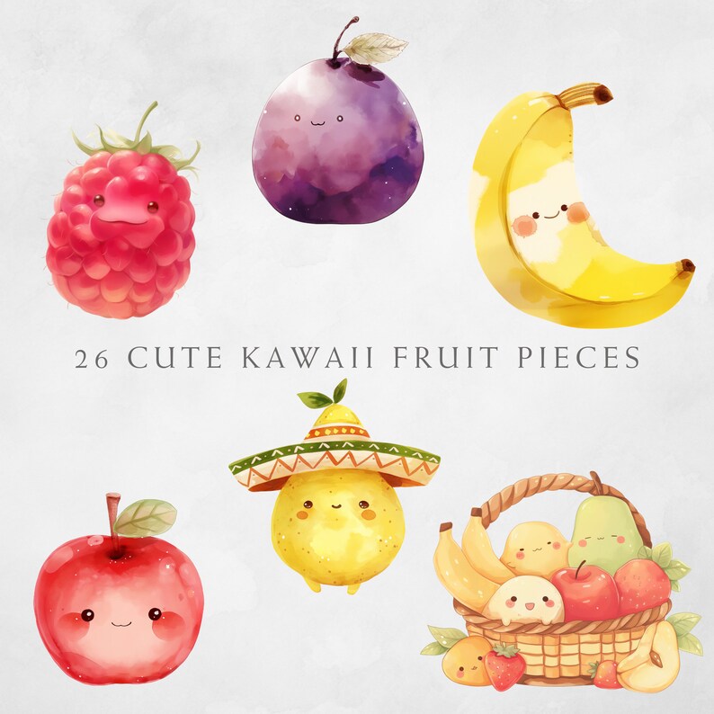 Cute Kawaii Fruits Clipart PNG Watercolor, Kawaii Tropical Fruit Apple ...