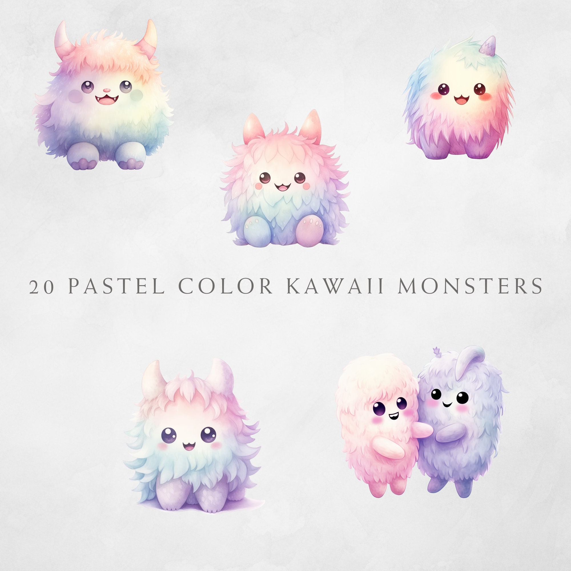 Watercolor Cute Pastel Monsters Kawaii Clipart, Cute Kawaii Clipart ...