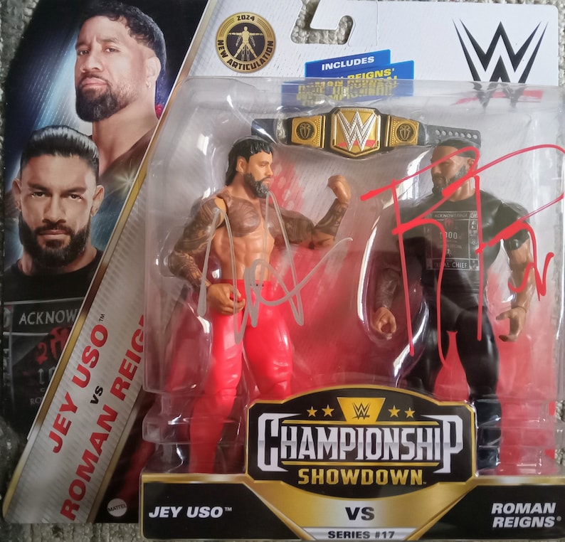 WWE Roman Reigns Jey Uso Autographed Championship Showdown Figure ...