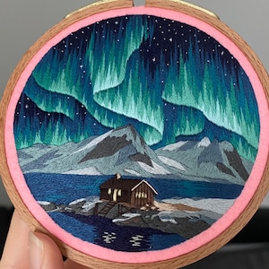 PDF Embroidery Pattern Northern Lights, Embroidery Mountains, Landscape ...