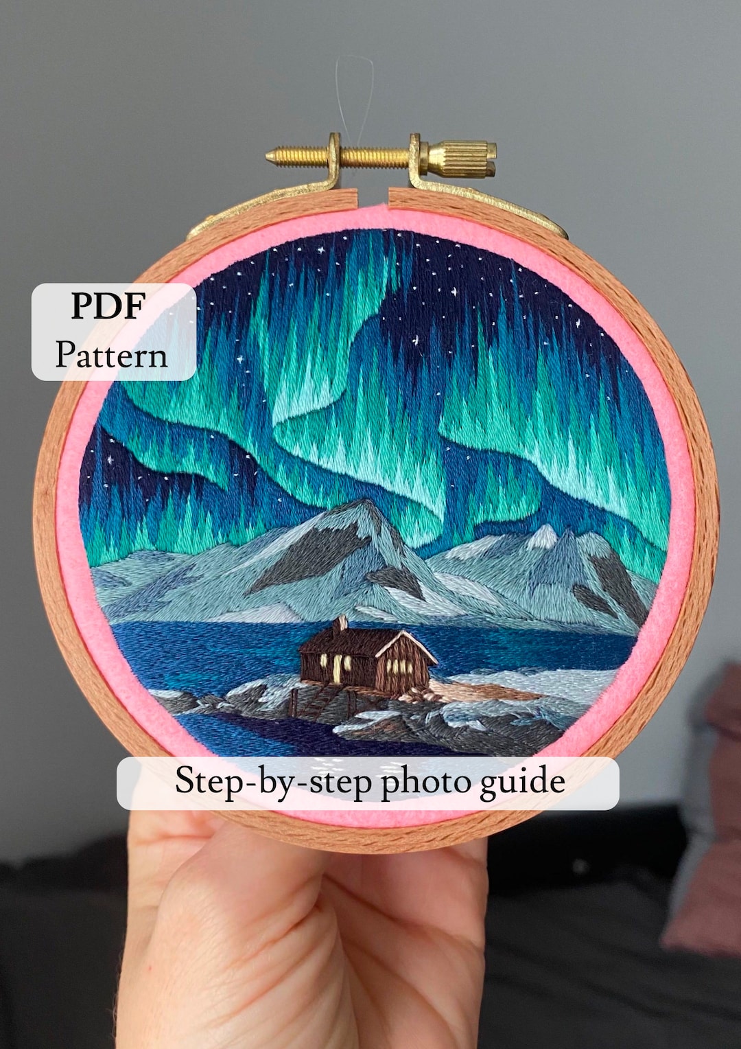 PDF Embroidery Pattern Northern Lights, Embroidery Mountains, Landscape ...