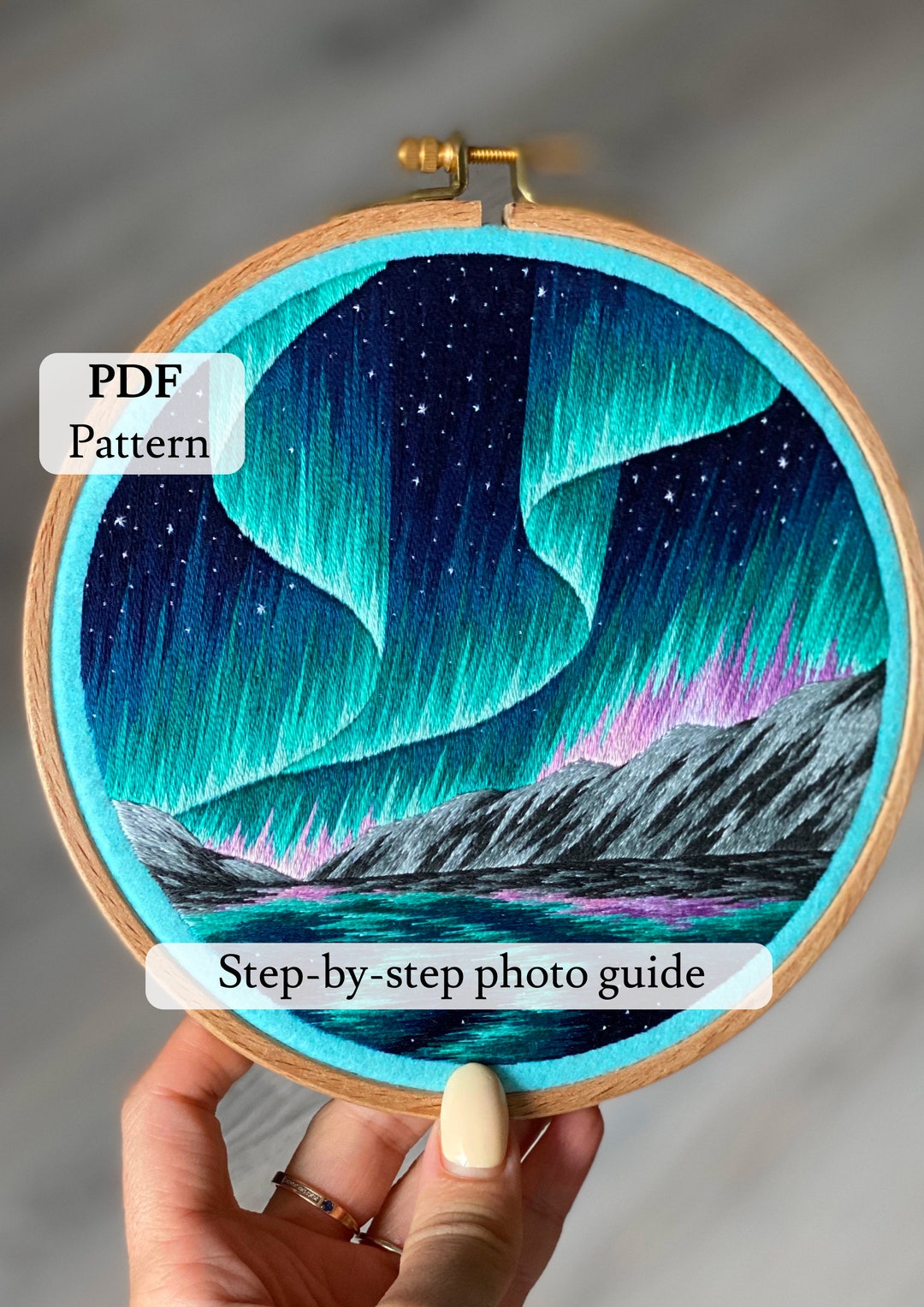 PDF Embroidery Pattern Northern Lights, Embroidery Mountains, Digital ...