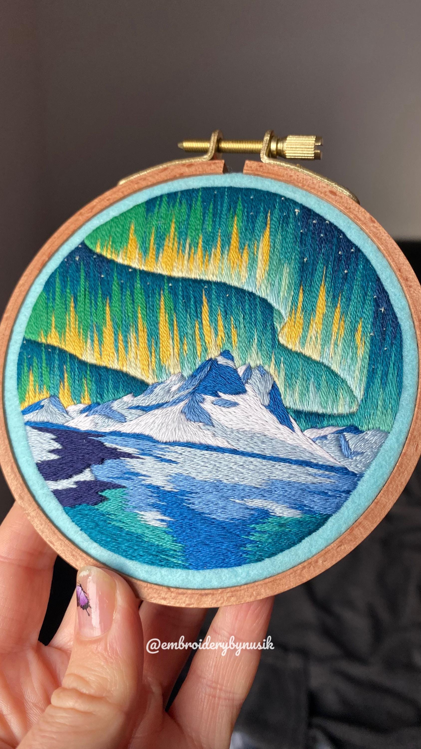 PDF Embroidery Pattern Northern Lights, Embroidery Mountains, Landscape ...