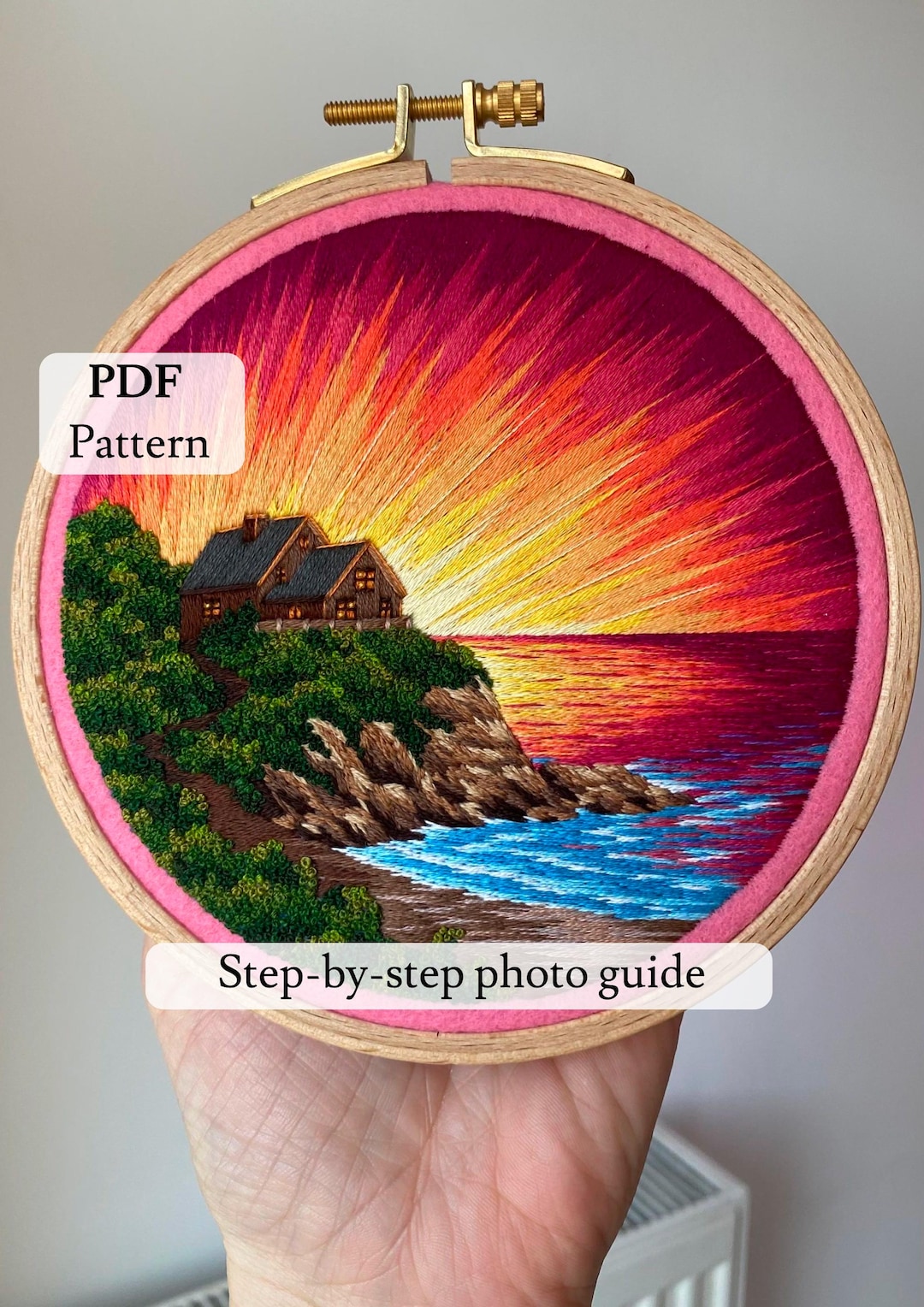 PDF Embroidery Pattern Seaside Sunset Cottage, Embroidery Sunrise ...