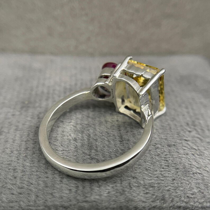 Natural Yellow Beryl Emerald Cut & Natural Ruby 6.50mm Round Ring , 925 ...