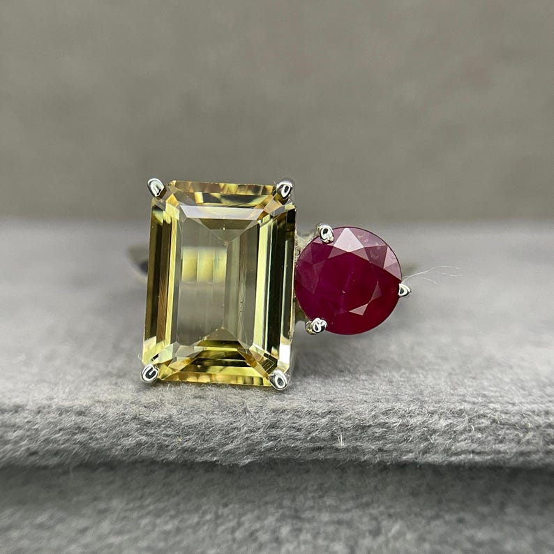 Natural Yellow Beryl Emerald Cut & Natural Ruby 6.50mm Round Ring , 925 ...