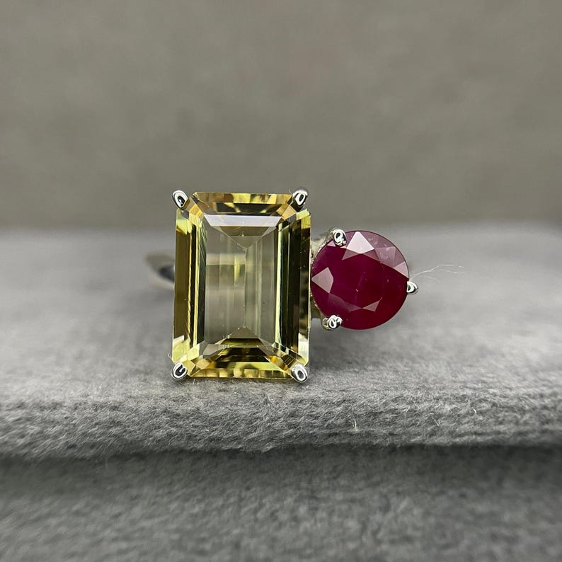Natural Yellow Beryl Emerald Cut & Natural Ruby 6.50mm Round Ring , 925 ...