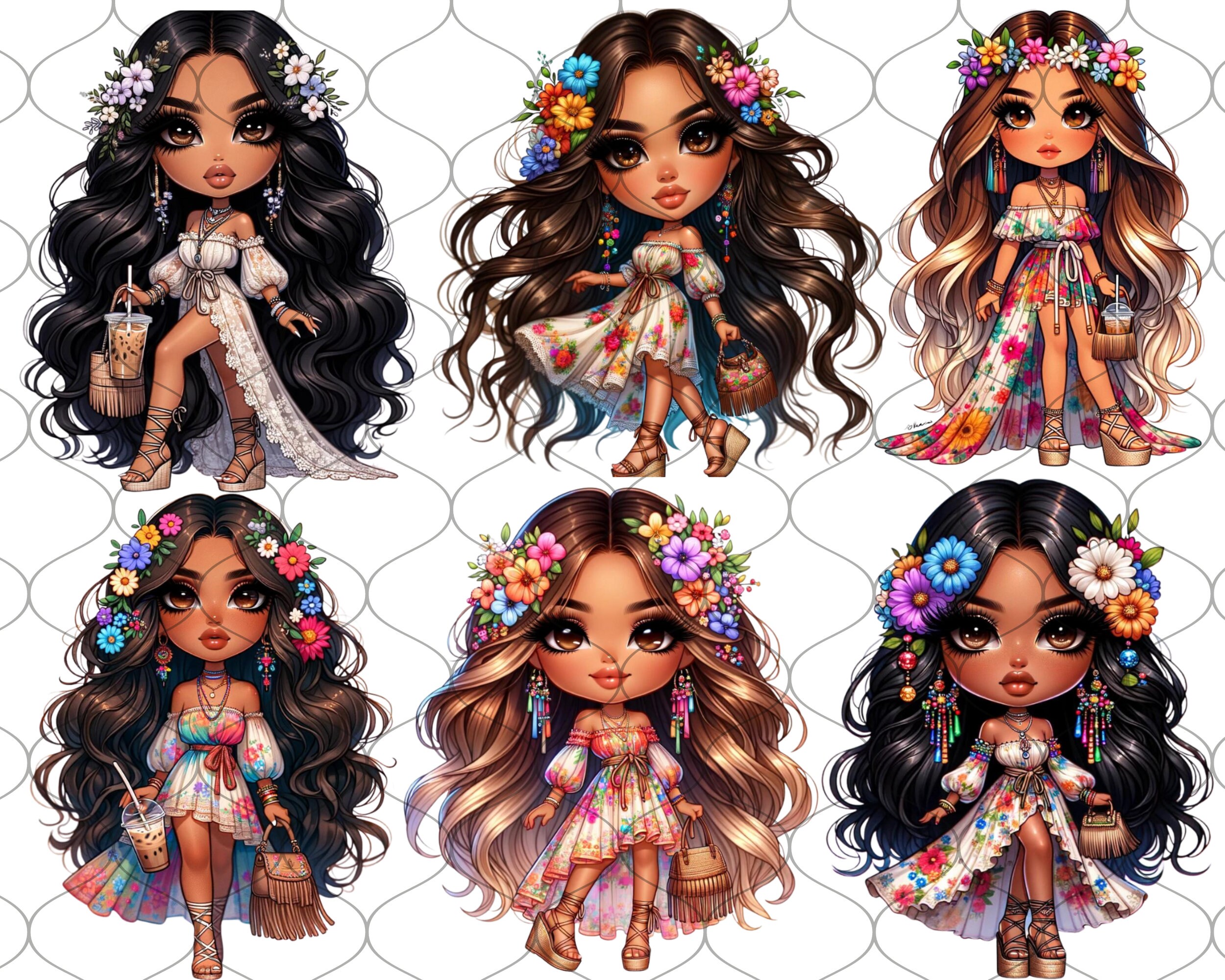 Chibi Boho Beautiful Latina, 40 PNG, Latina Clipart, Chibi Hispanic ...