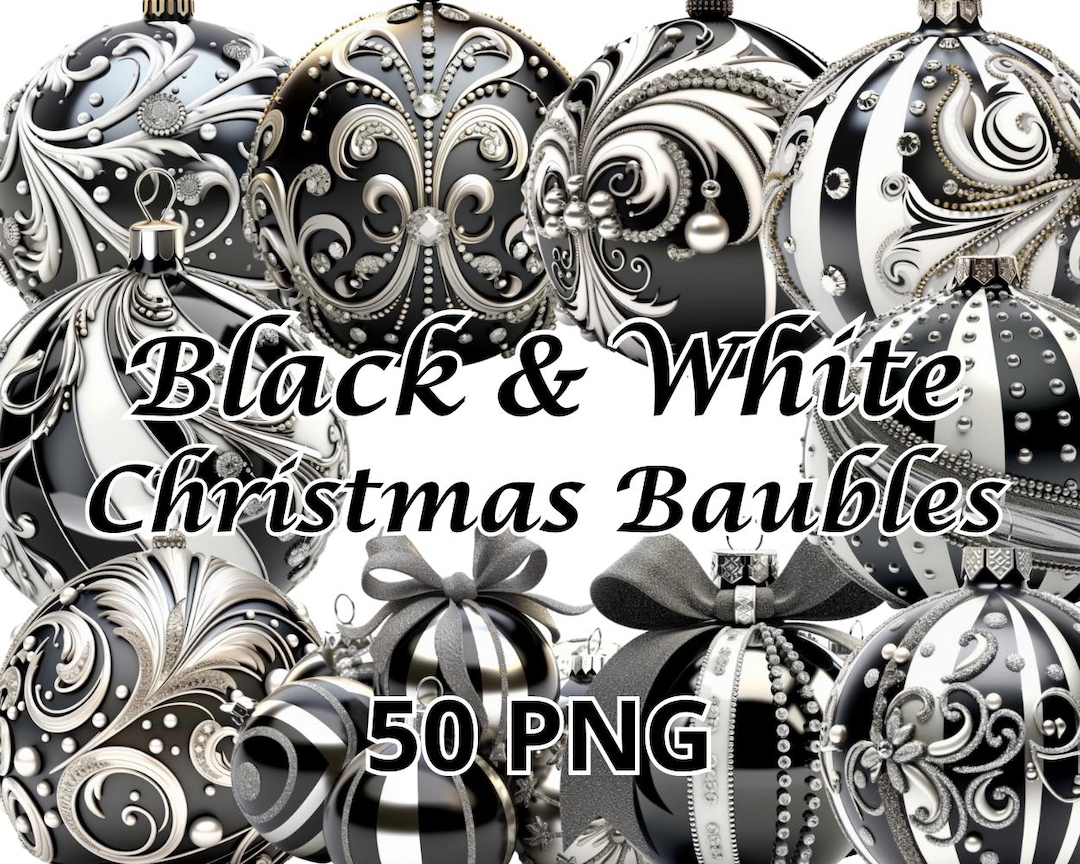 Black & White Christmas Baubles, 50 PNG, Winter Clipart, Christmas Tree ...