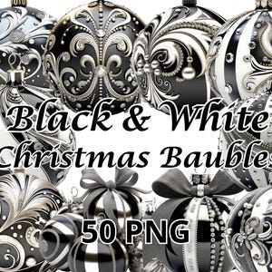 Black & White Christmas Baubles, 50 PNG, Winter Clipart, Christmas Tree ...