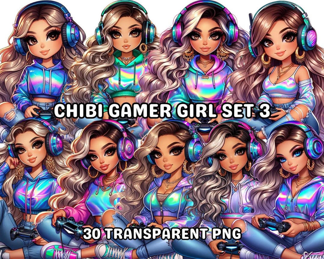 Chibi Gamer Girl Set 3, 30 PNG, Gamer Girl, Chibi Gamer, Chibi Girl ...