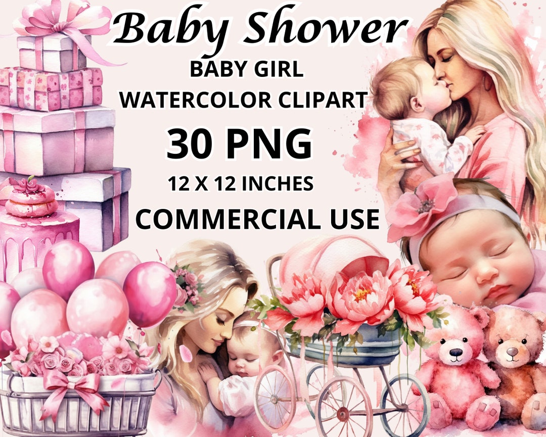 Watercolor Baby Shower Clipart, 30 PNG, Baby Girl Clipart, Newborn Baby ...