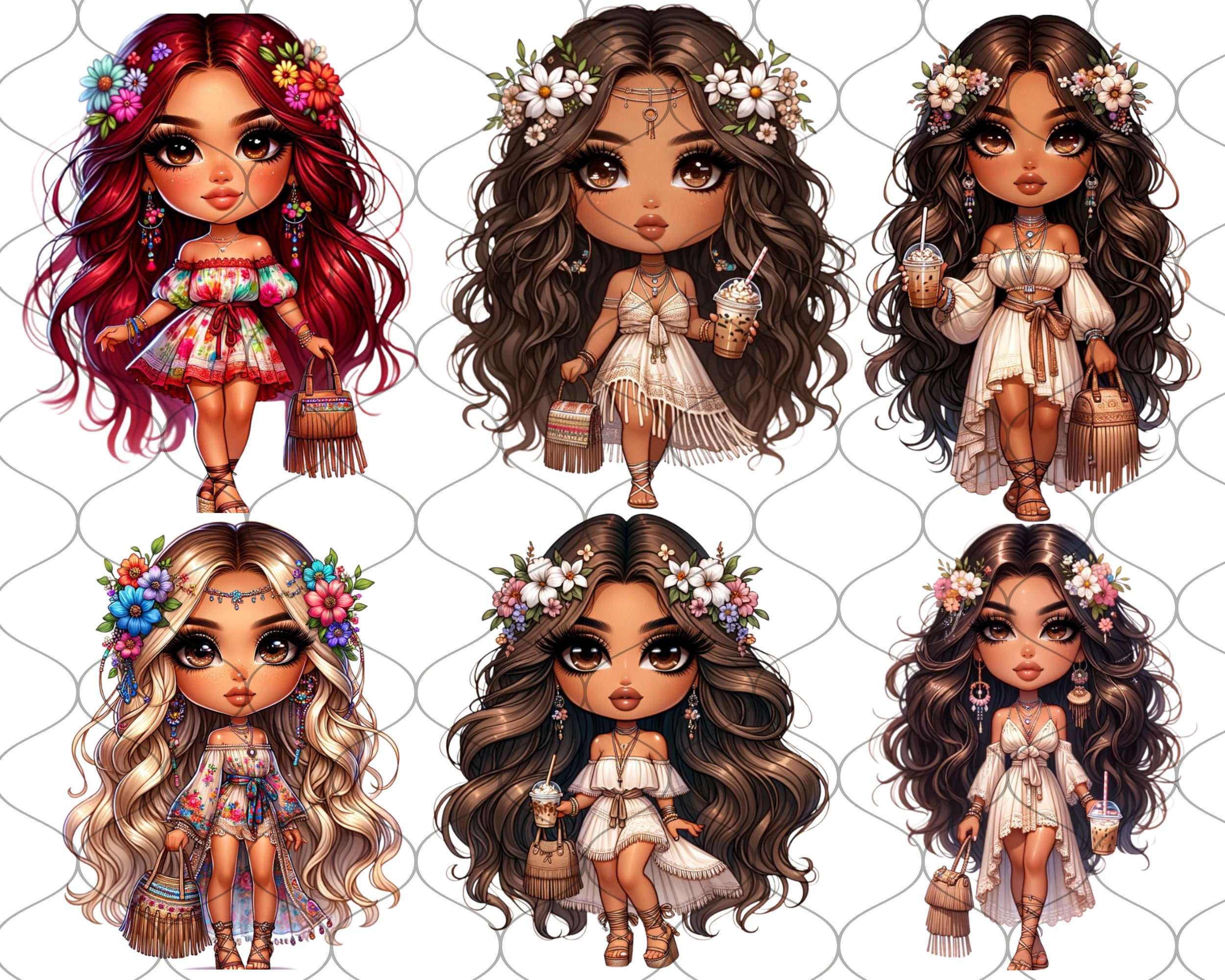 Chibi Boho Beautiful Latina, 40 PNG, Latina Clipart, Chibi Hispanic ...