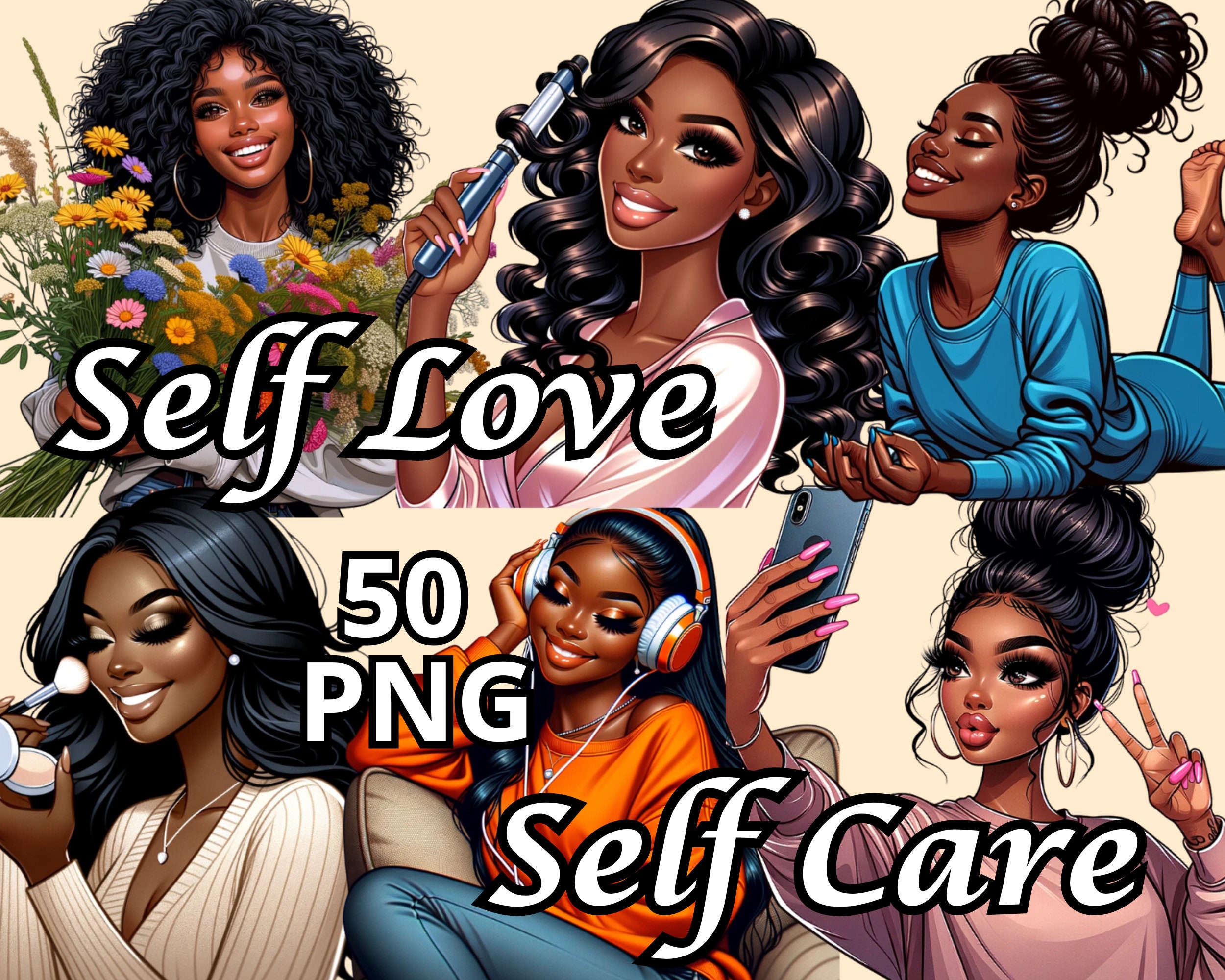 Self Love Clipart, Self Care Png, 50 PNG, Relax Clipart, Black Girl ...