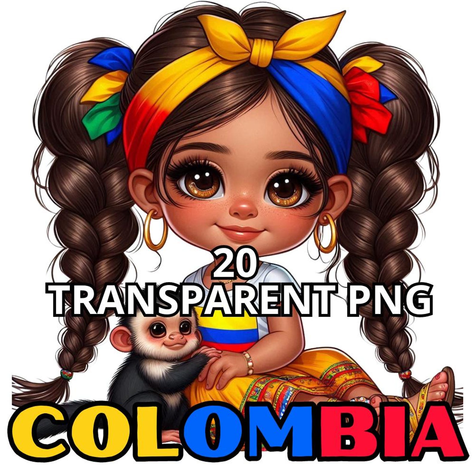 Chibi Cute Colombian Baby Girl With Monkey, 20 PNG, Colombian Girl ...