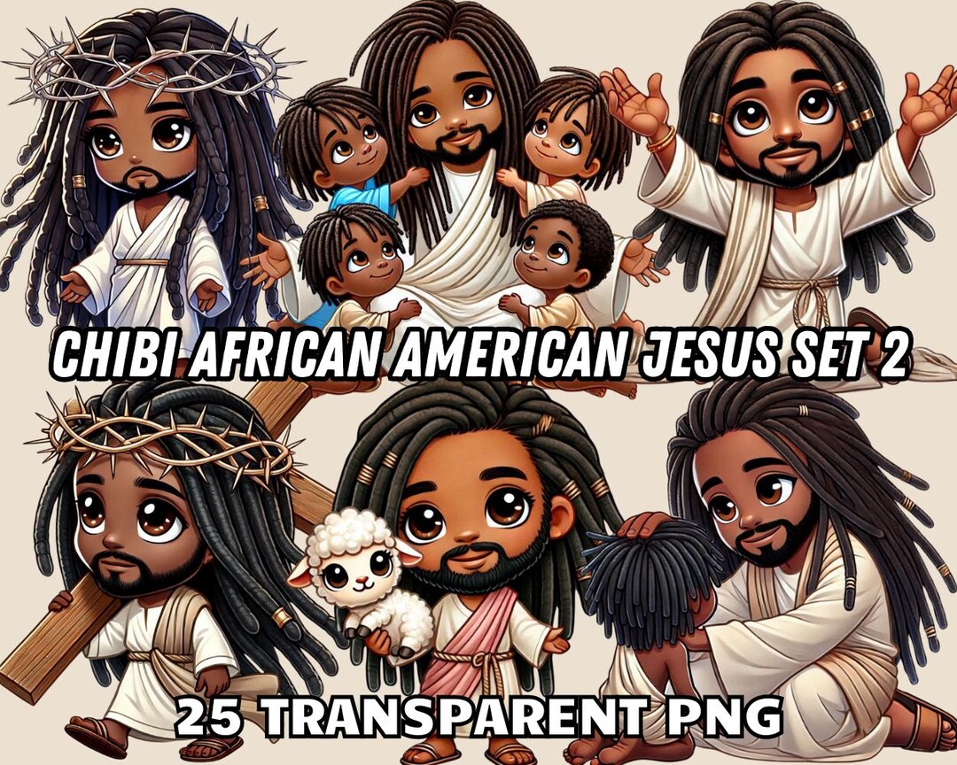 Chibi African American Jesus Set 2, 25 TRANSPARENT PNG, Black Jesus Png ...