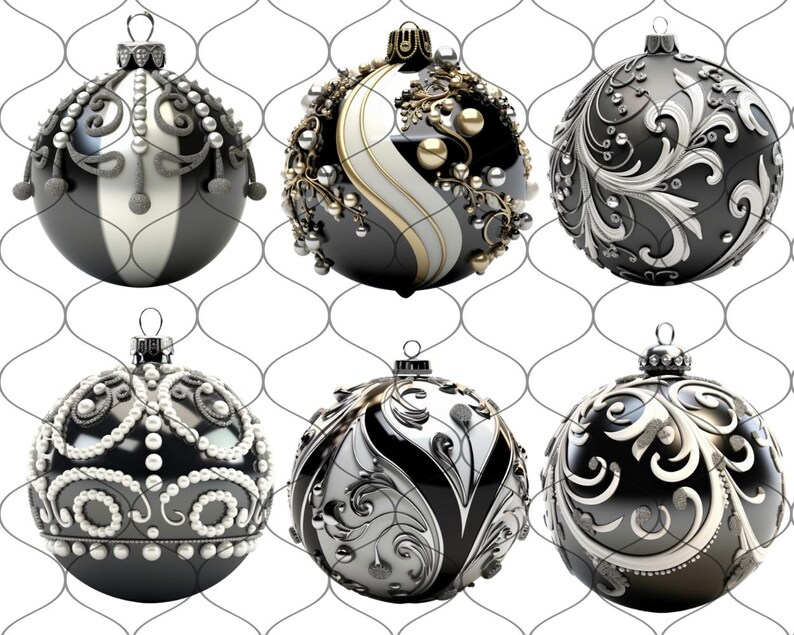 Black & White Christmas Baubles, 50 PNG, Winter Clipart, Christmas Tree ...
