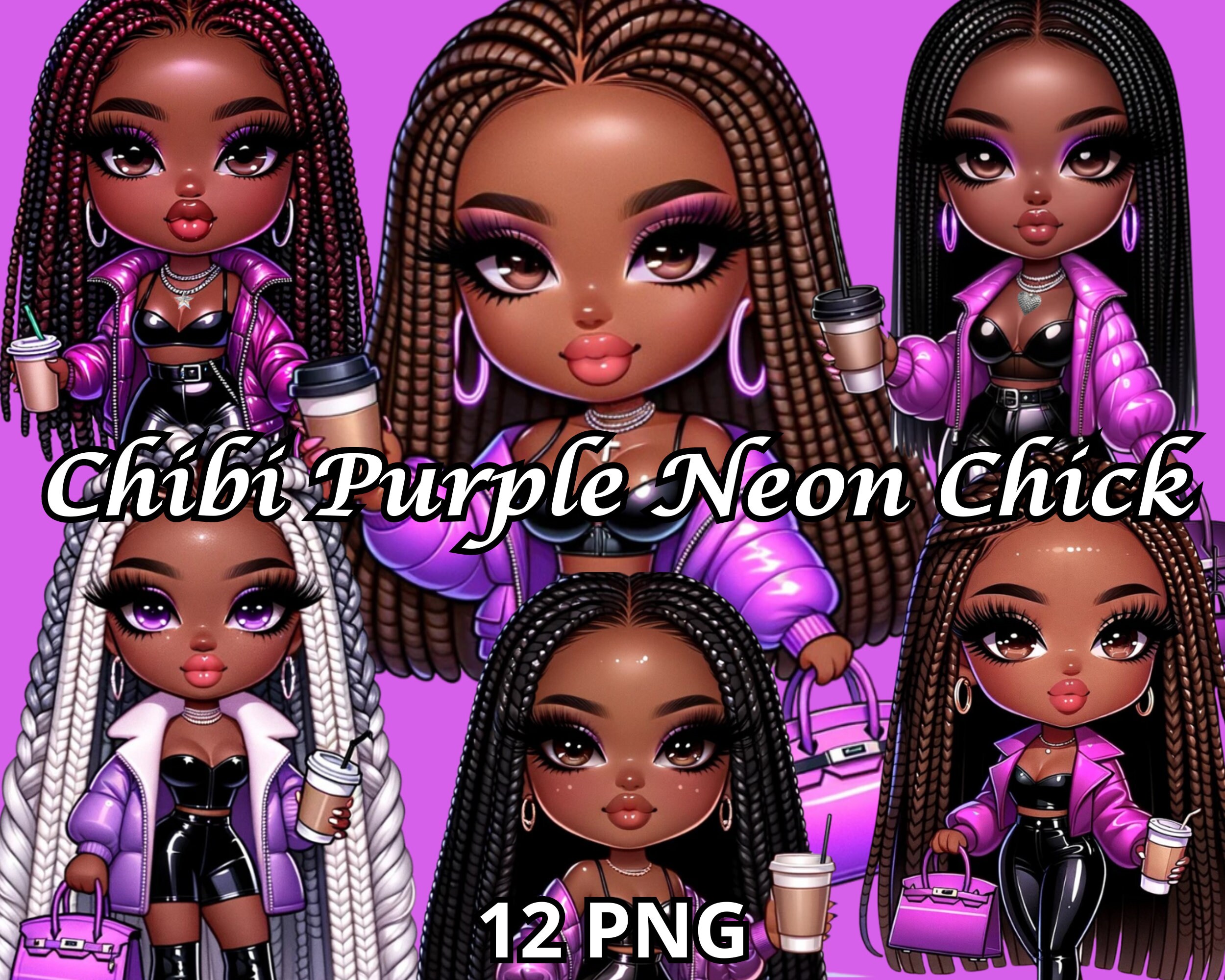 Chibi Purple Neon Chick, 12 PNG, Girl Boss Clipart, Lady Boss Clipart ...