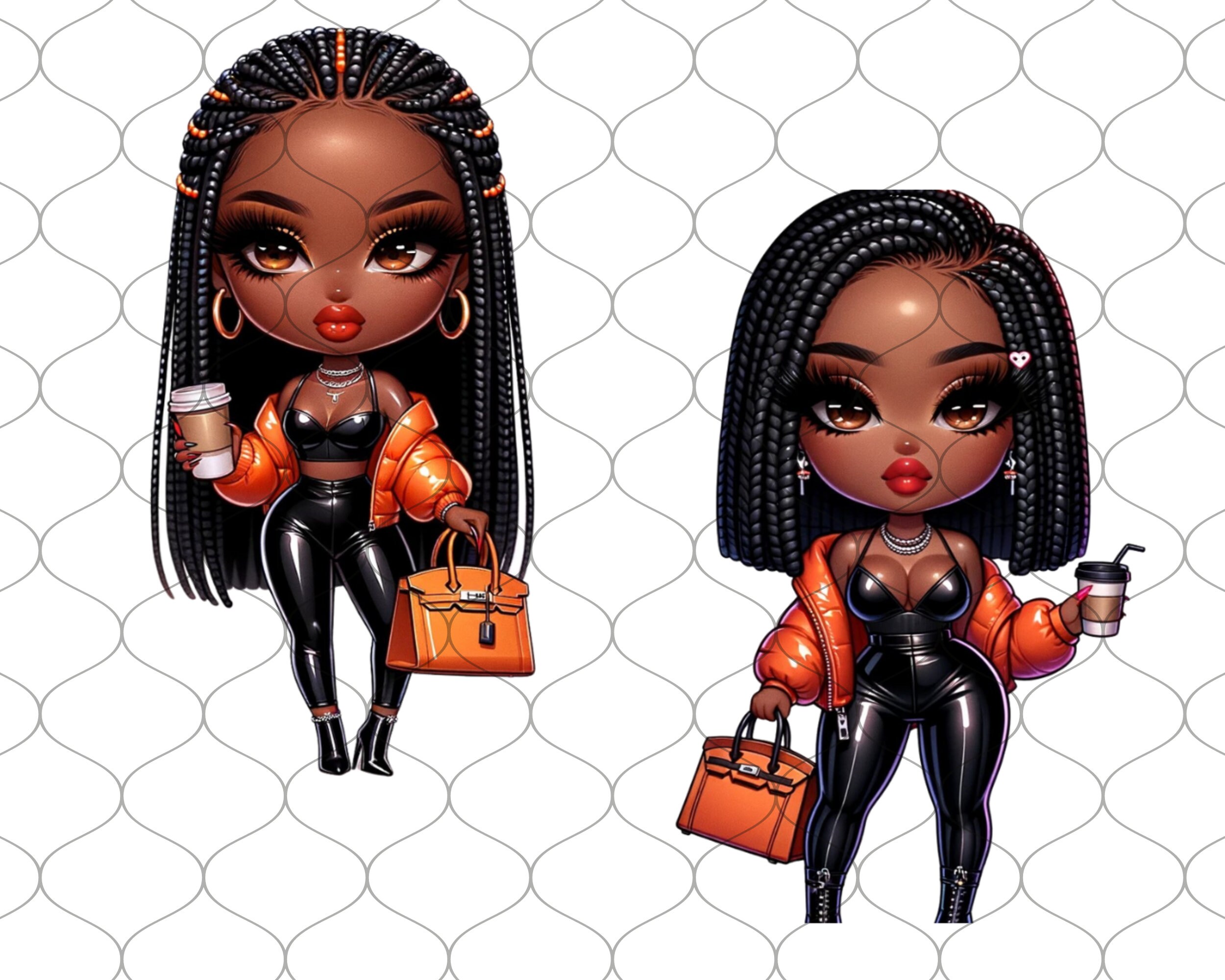 Chibi Orange Neon Chick, 12 PNG, Chibi Dolls Clipart, Black Women ...