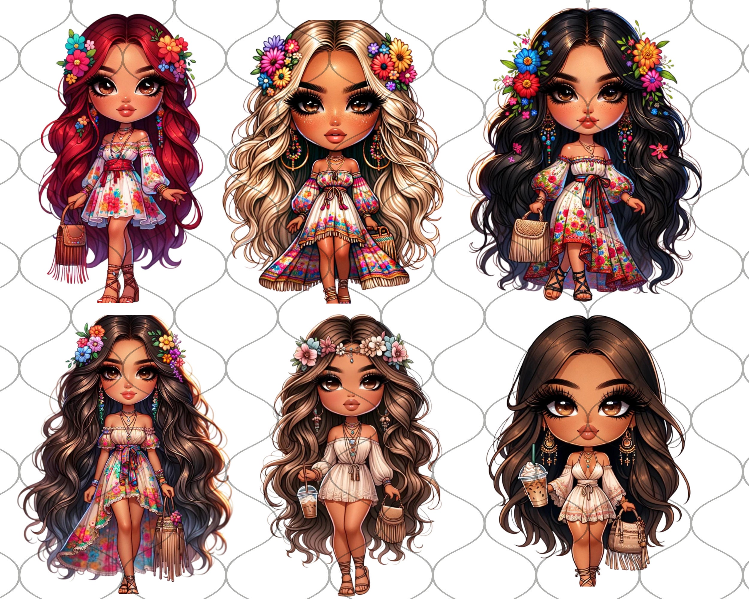 Chibi Boho Beautiful Latina, 40 PNG, Latina Clipart, Chibi Hispanic ...
