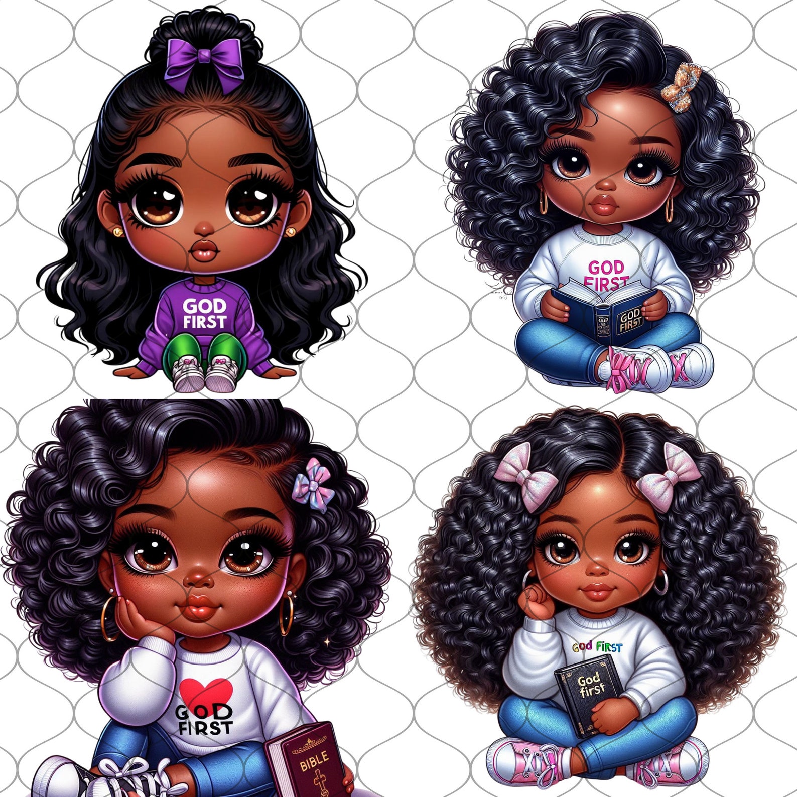 GOD FIRST, Chibi Cute Black Baby Girl Png, 15 PNG, Black Girl Clipart ...