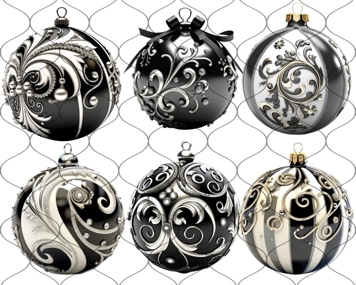 Black & White Christmas Baubles, 50 PNG, Winter Clipart, Christmas Tree ...