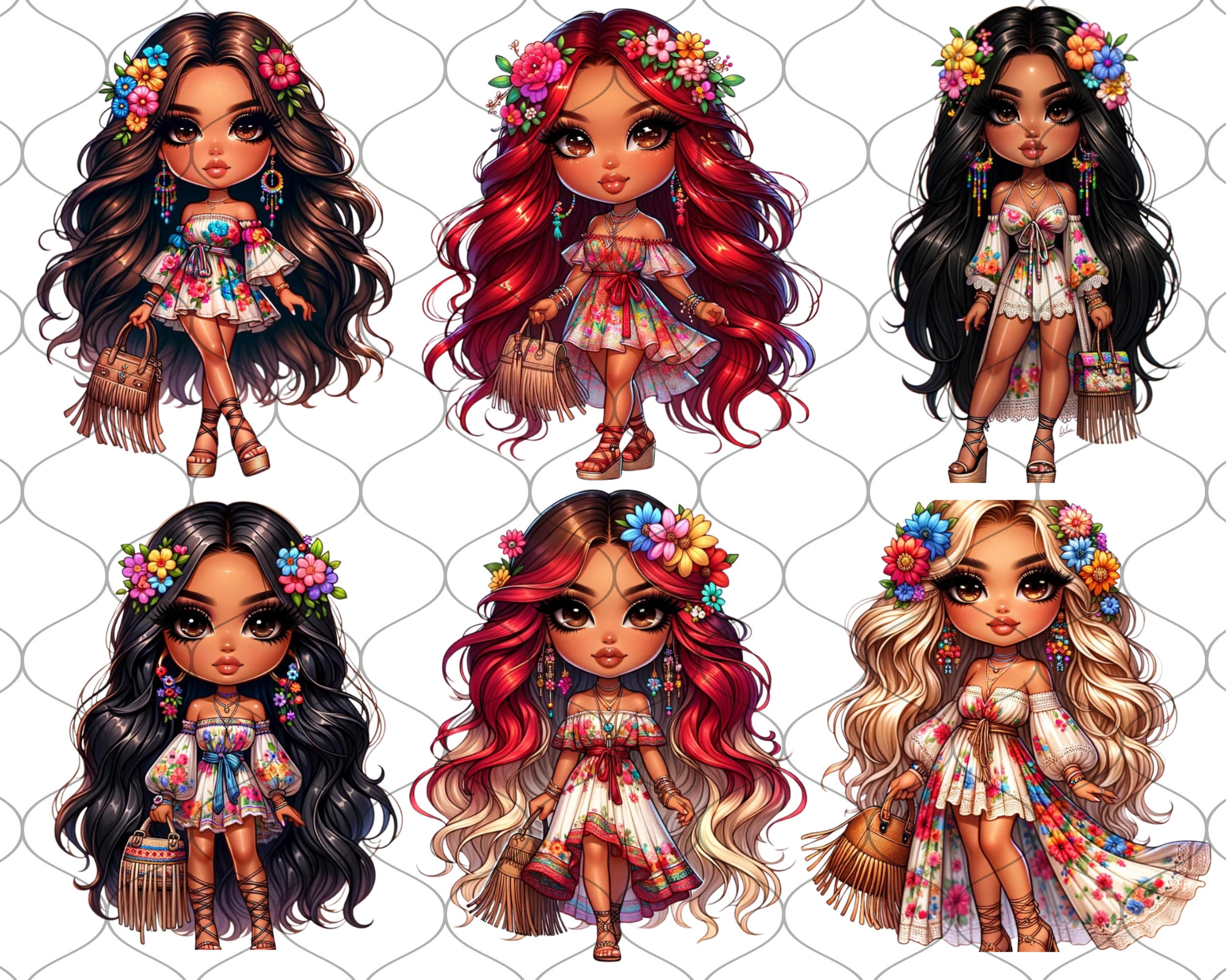 Chibi Boho Beautiful Latina, 40 PNG, Latina Clipart, Chibi Hispanic ...