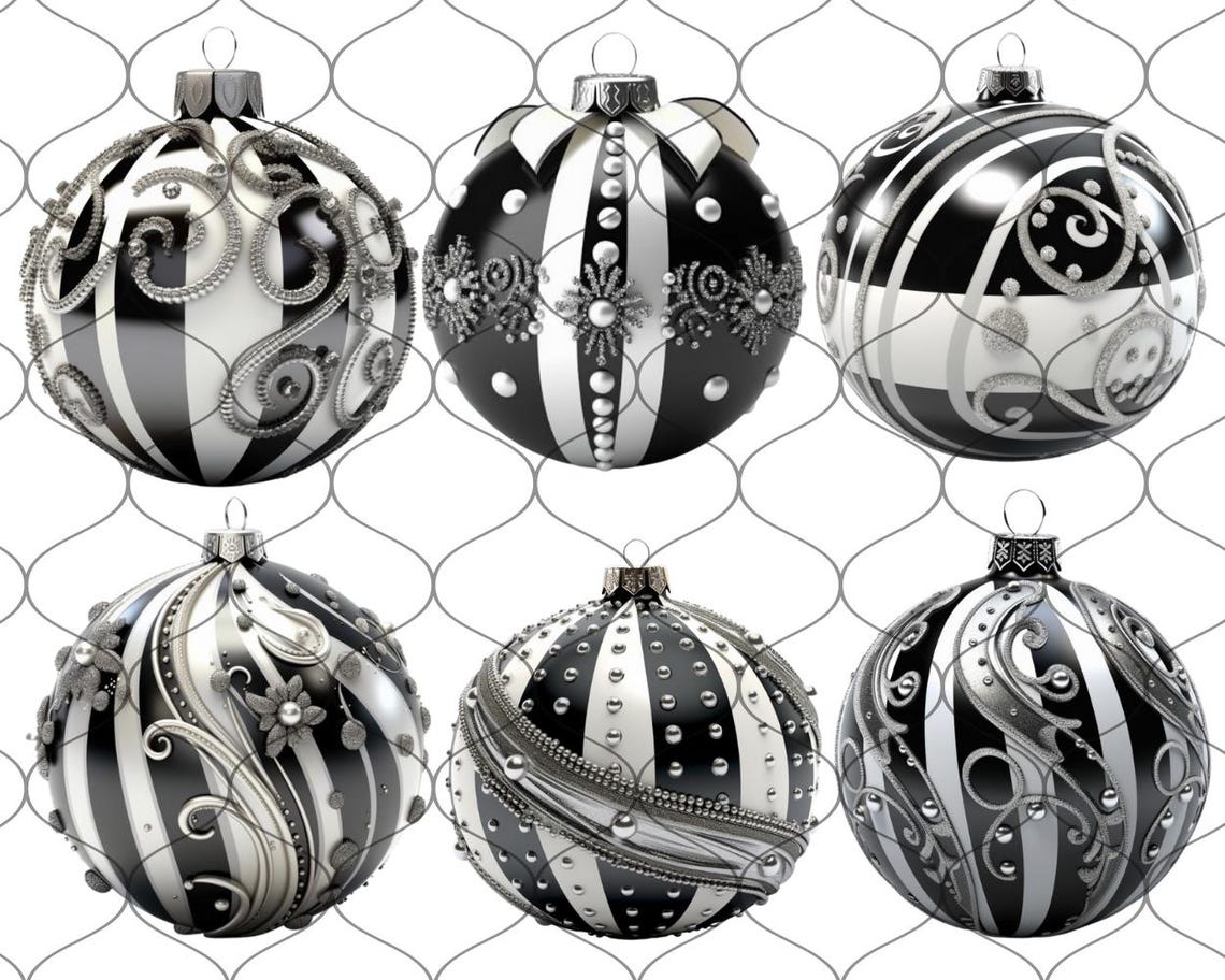Black & White Christmas Baubles, 50 PNG, Winter Clipart, Christmas Tree ...