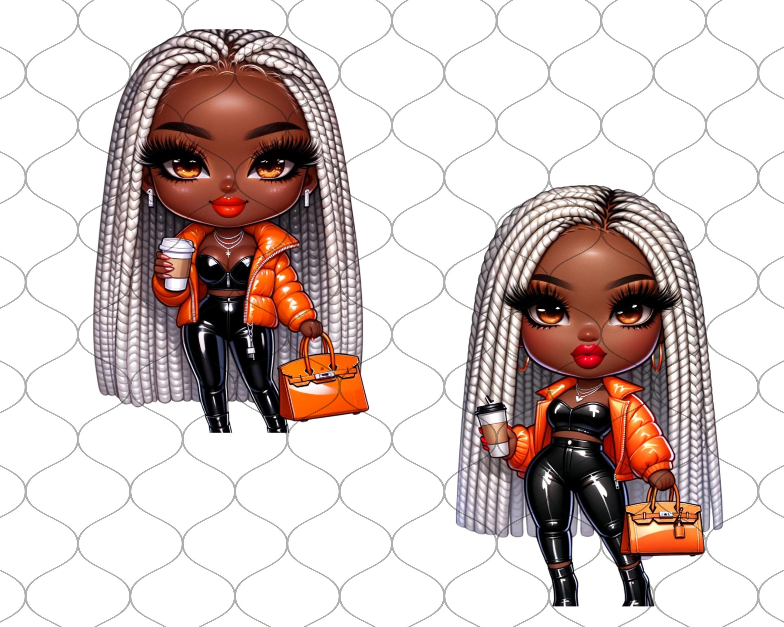 Chibi Orange Neon Chick, 12 PNG, Chibi Dolls Clipart, Black Women ...