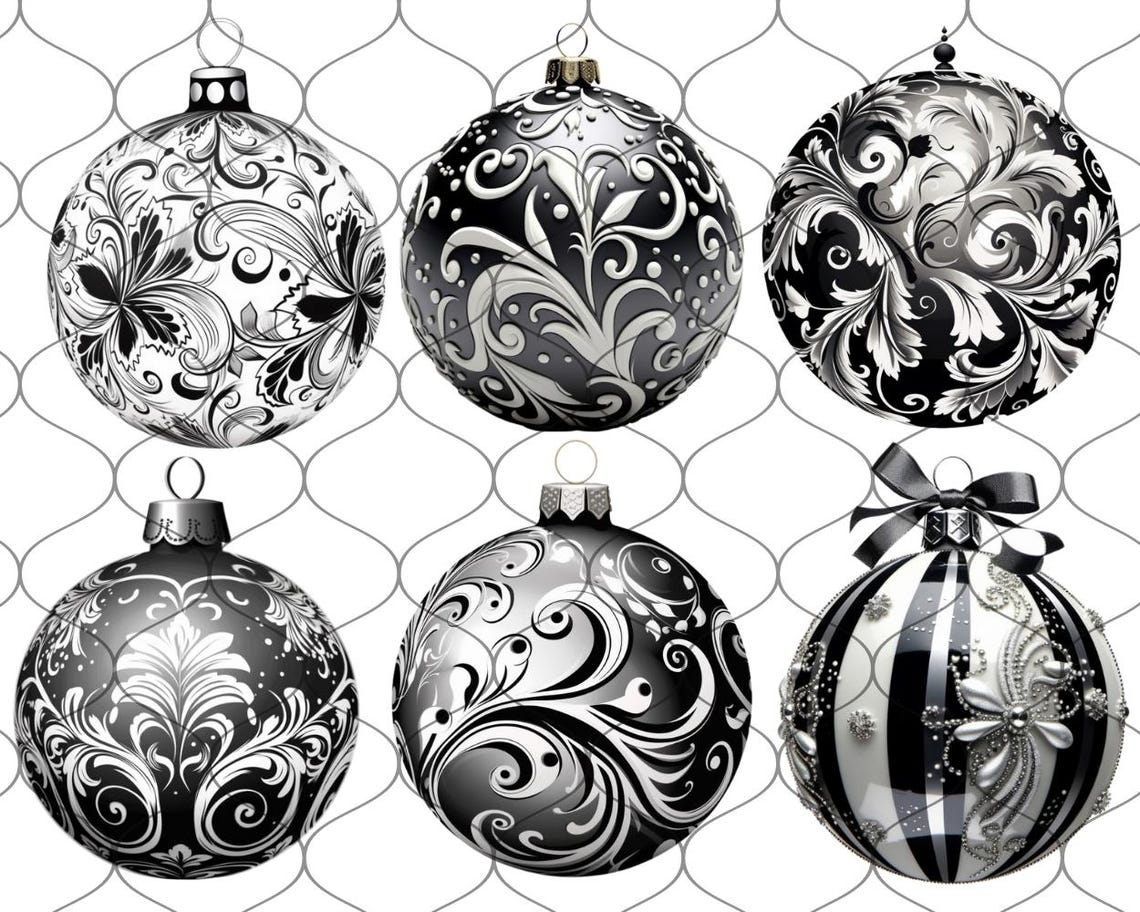 Black & White Christmas Baubles, 50 PNG, Winter Clipart, Christmas Tree ...
