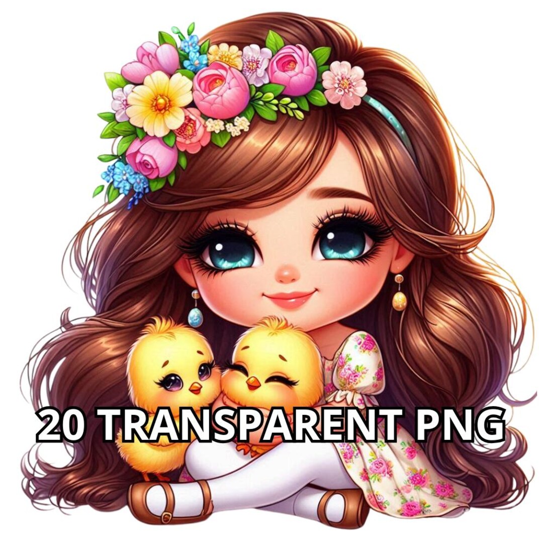 20 Chibi Cute Easter Brown Hair Baby Girl Png, Easter Png, Baby Chicken ...