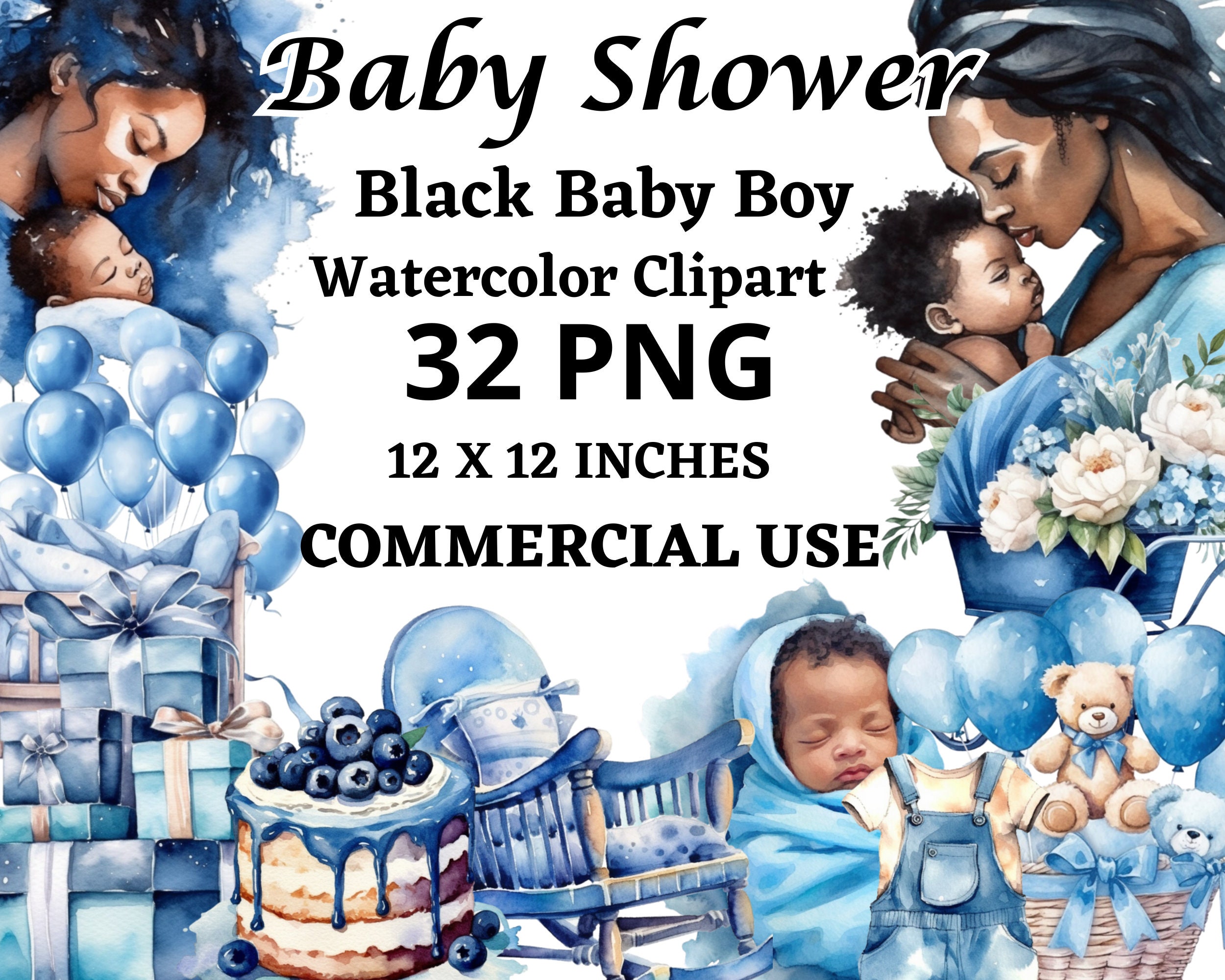 Watercolor Baby Shower Clipart, 32 PNG, Black Baby Boy Clipart, Newborn ...