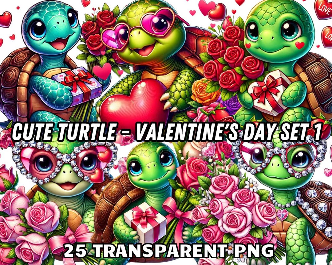 Cute Turtle Valentine's Day Set 1, 25 PNG, Valentines Day Clipart ...