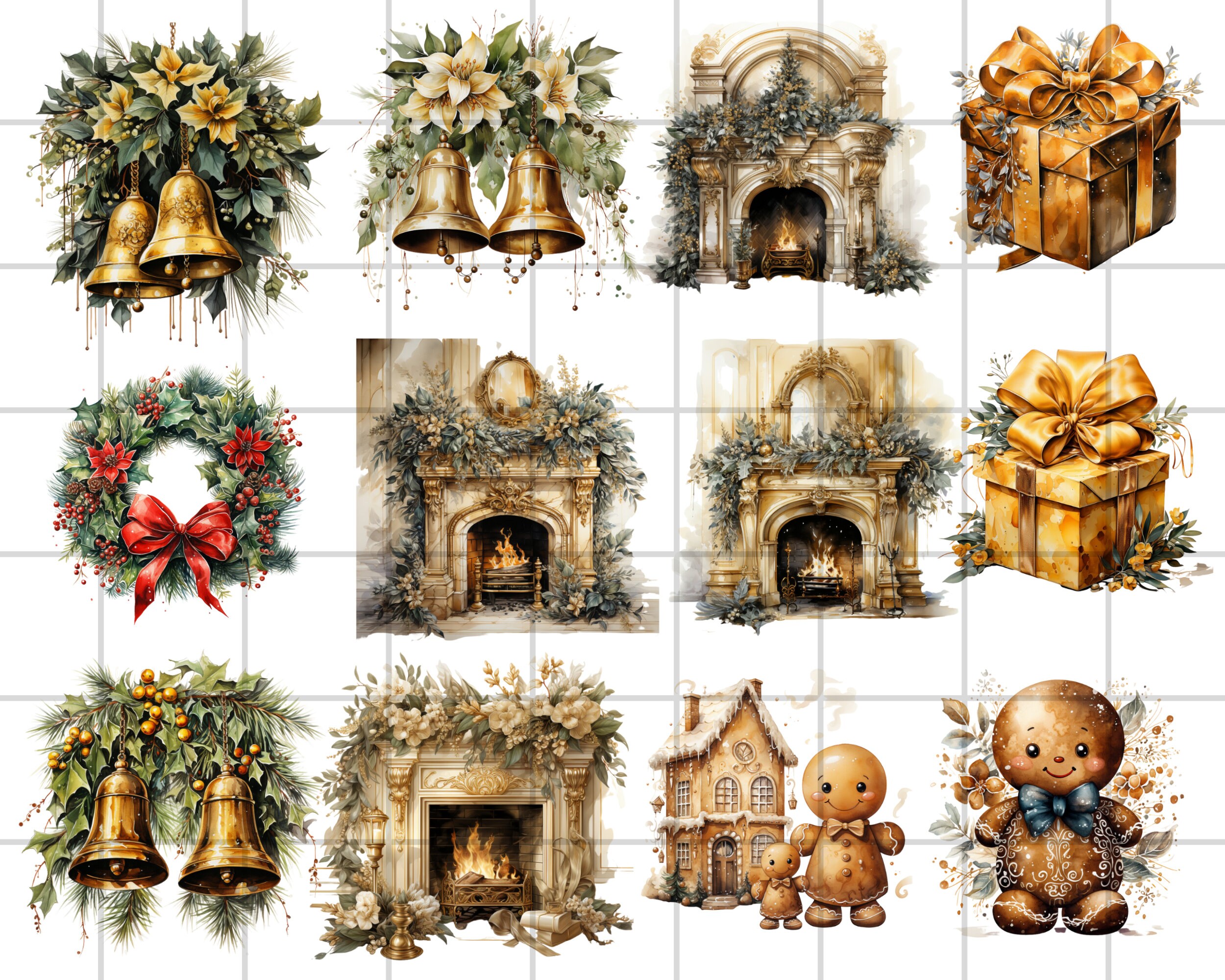 Watercolor Golden Christmas, 102 PNG, Christmas PNG Clipart Bundle ...