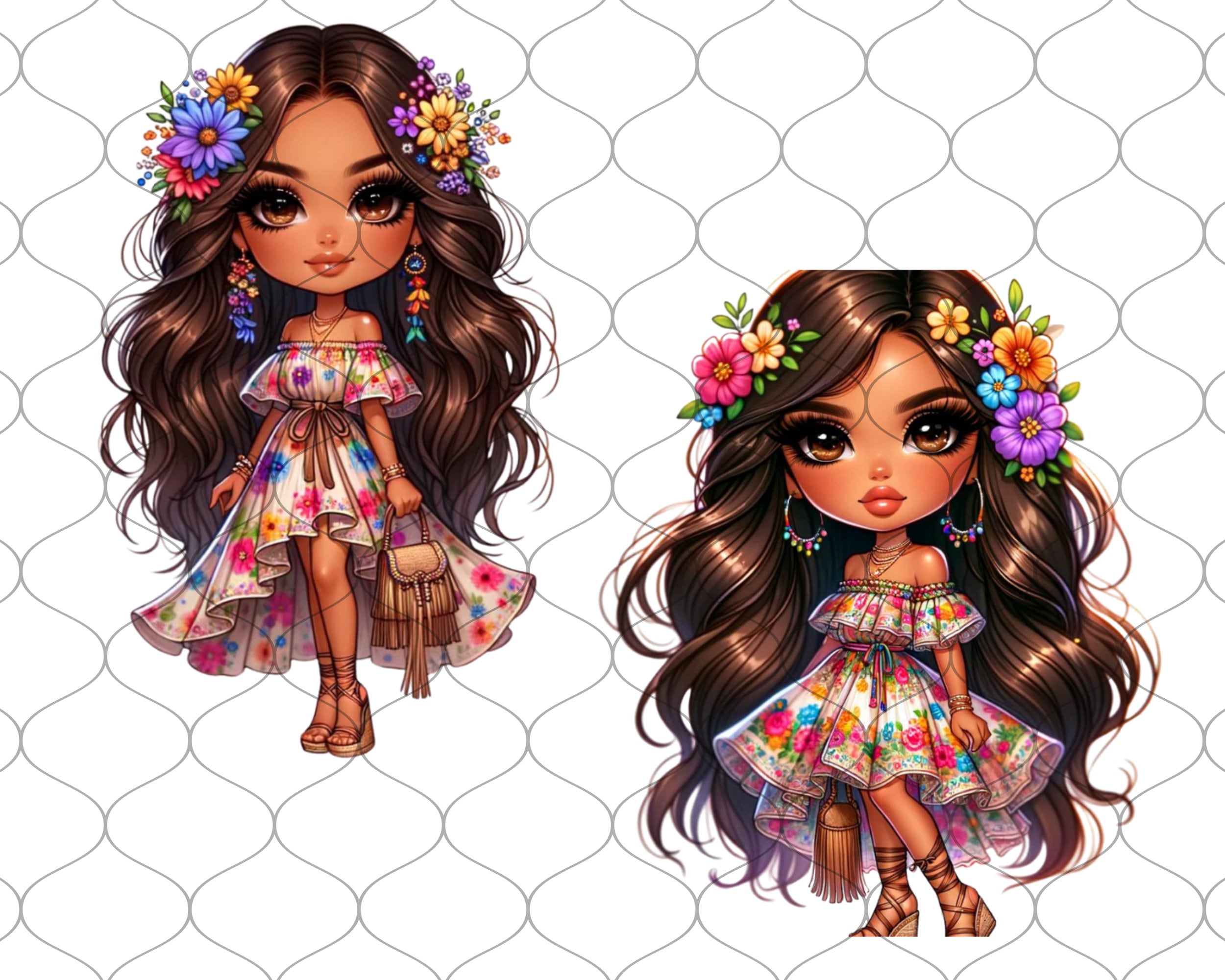 Chibi Boho Beautiful Latina, 40 PNG, Latina Clipart, Chibi Hispanic ...