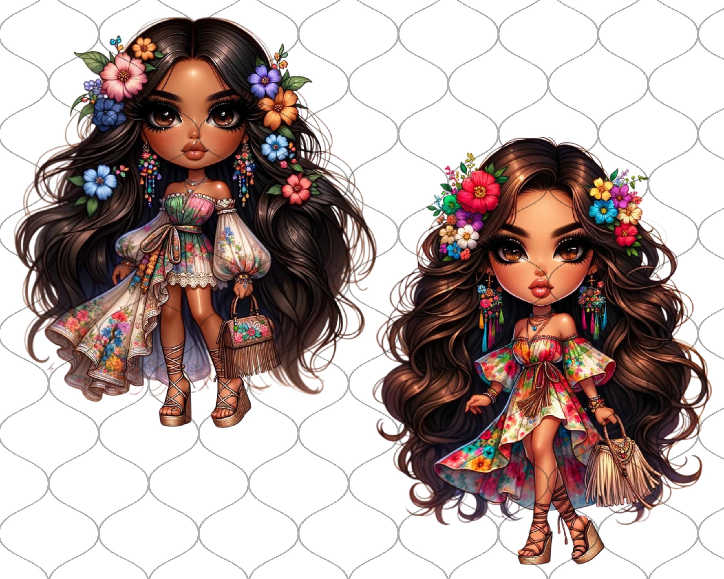 Chibi Boho Beautiful Latina, 40 PNG, Latina Clipart, Chibi Hispanic ...