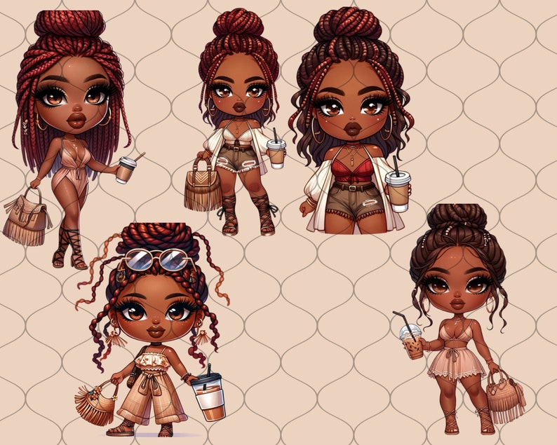 Chibi Boho Ladies, 40 Png, Boho Girl Png, Black Women Clipart, Black ...