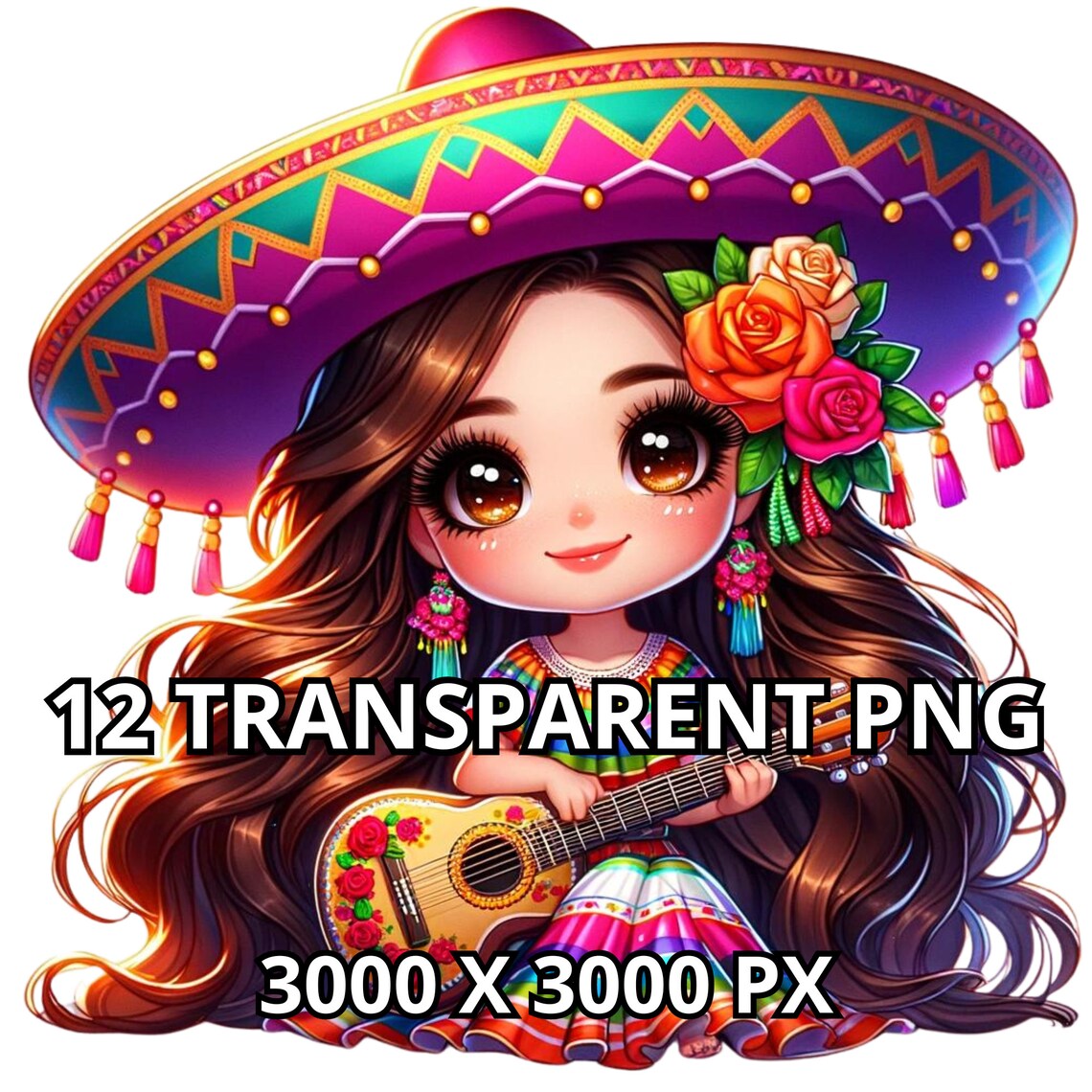 Super Cute Chibi Mexican Girl Clipart, 12 PNG, Latina Princess Clipart ...